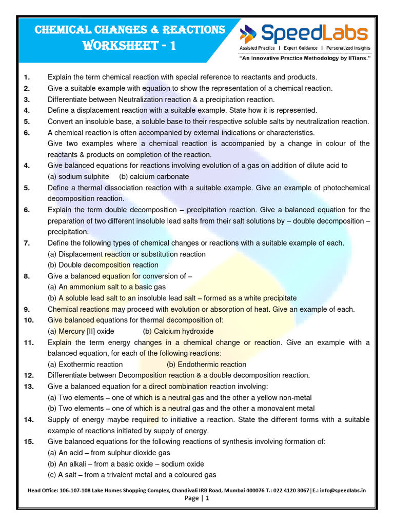 Chemical Reactions and Changes - Important Qs - Important Questions - ICSE | PDF | Teaching ...