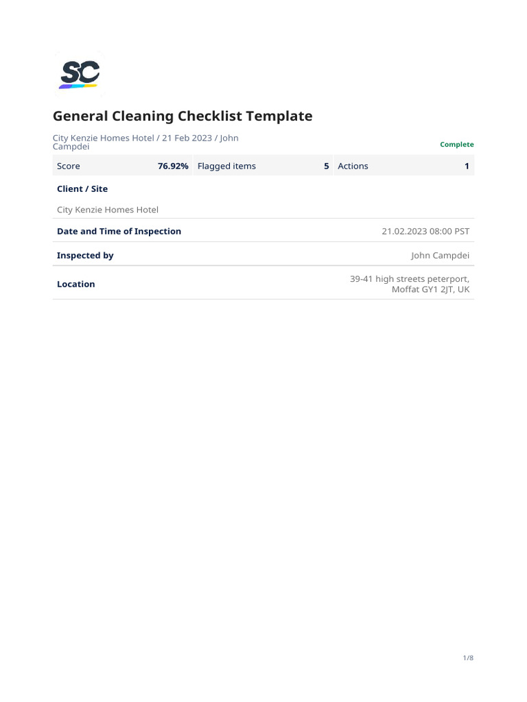 General Cleaning Checklist Sample PDF Report | PDF