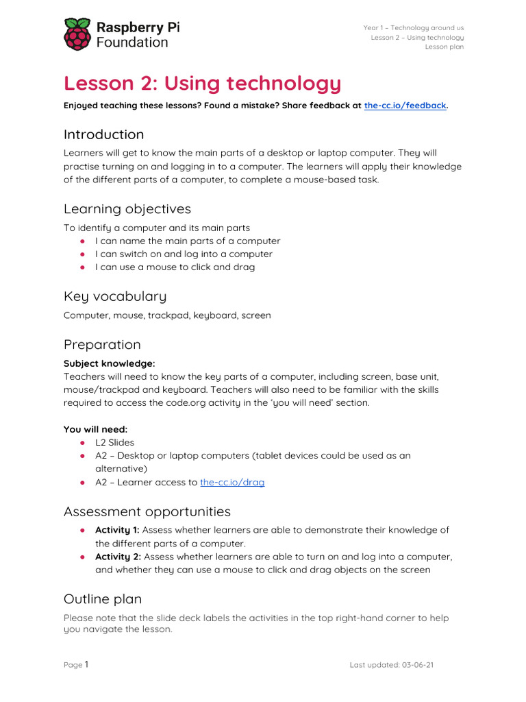 L2 Lesson Plan - Technology Around Us - Y1 - Using Computer | PDF | Learning | Laptop