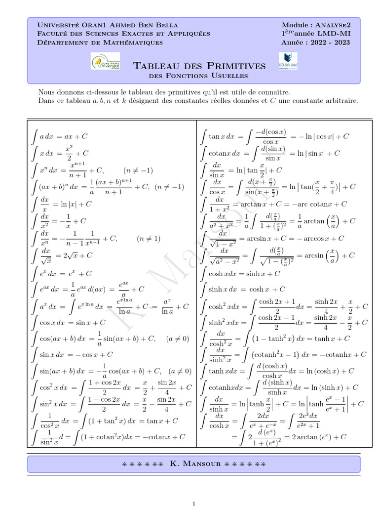 Tableau Primitives Usuelles8494949 | PDF | Metric Geometry | Combinatorics