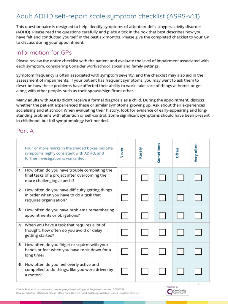 Adult ADHD Self-Report Scale Symptom Checklist | PDF