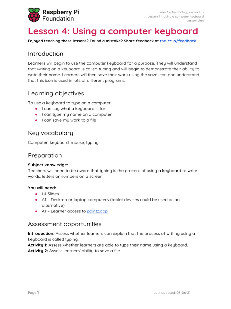 L4 Lesson Plan - Technology Around Us - Y1 - Using Keyboard | PDF