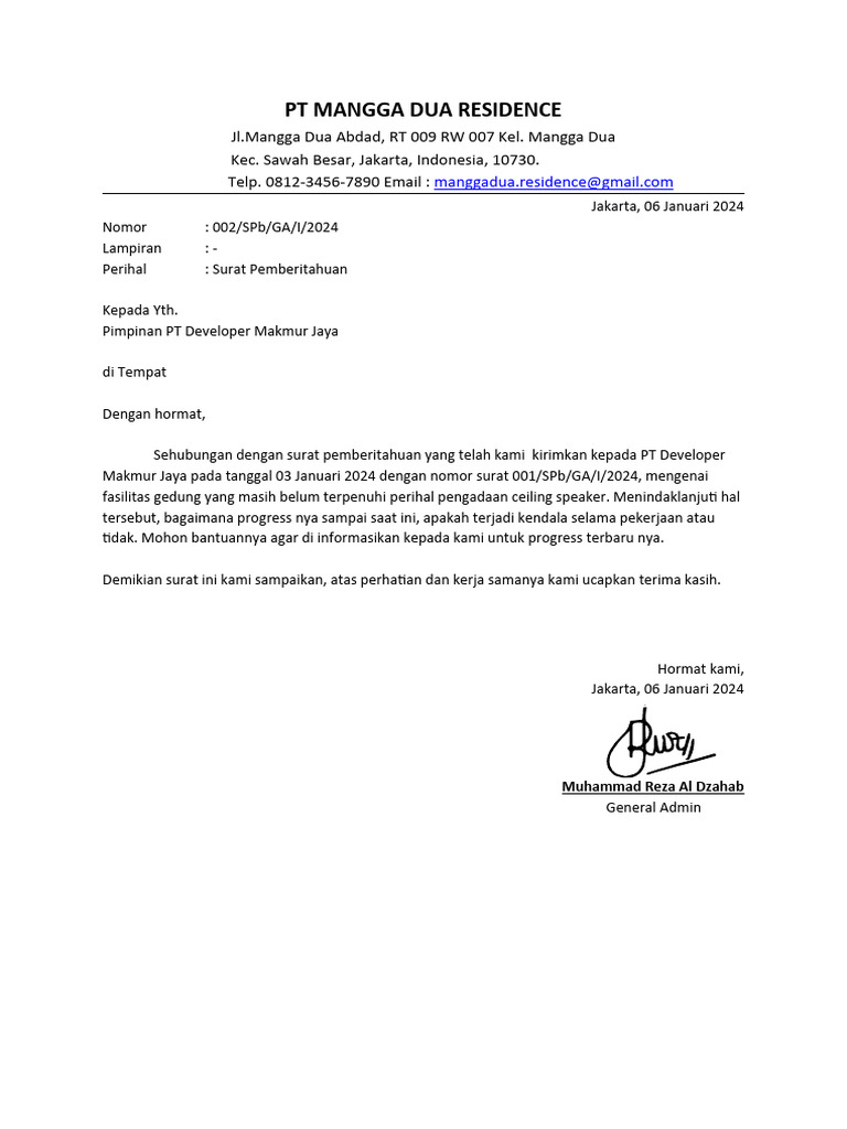 Surat Follow Up Developer Pdf