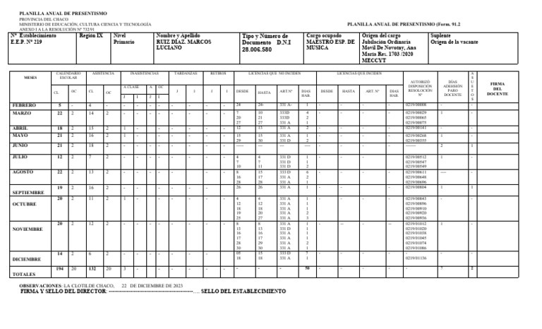 Planilla Anual de Presentis | PDF