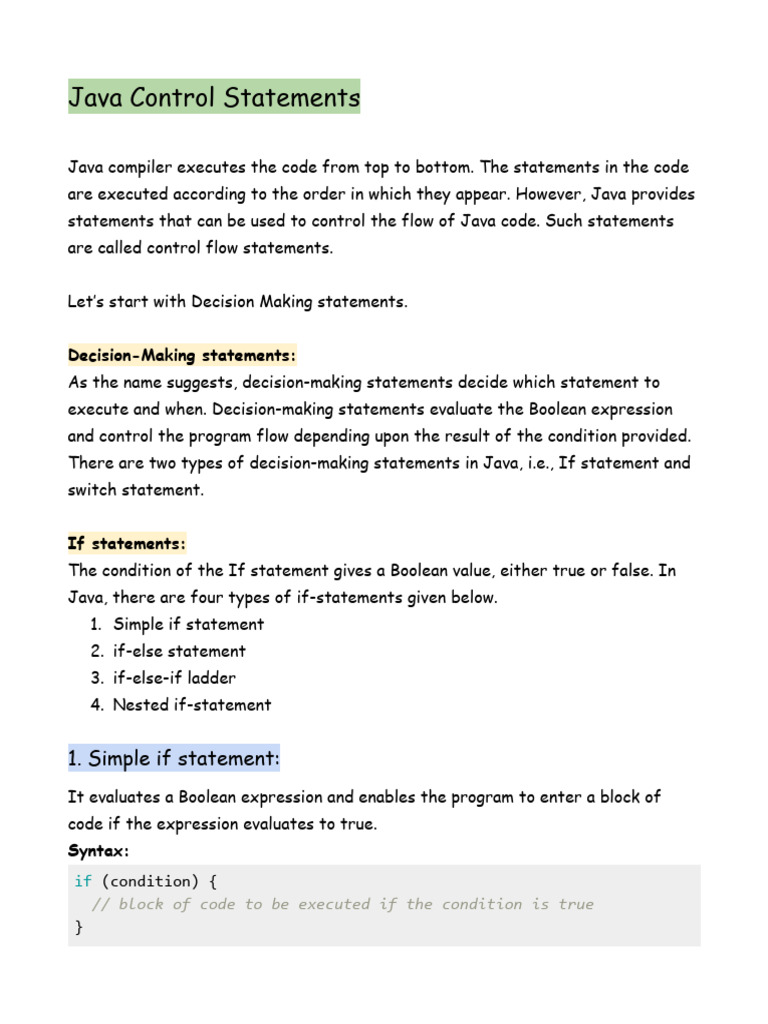 Java Control Statements | Download Free PDF | Grammar | Systems Engineering Java Control Statements | Download Free PDF | Grammar | Systems Engineering