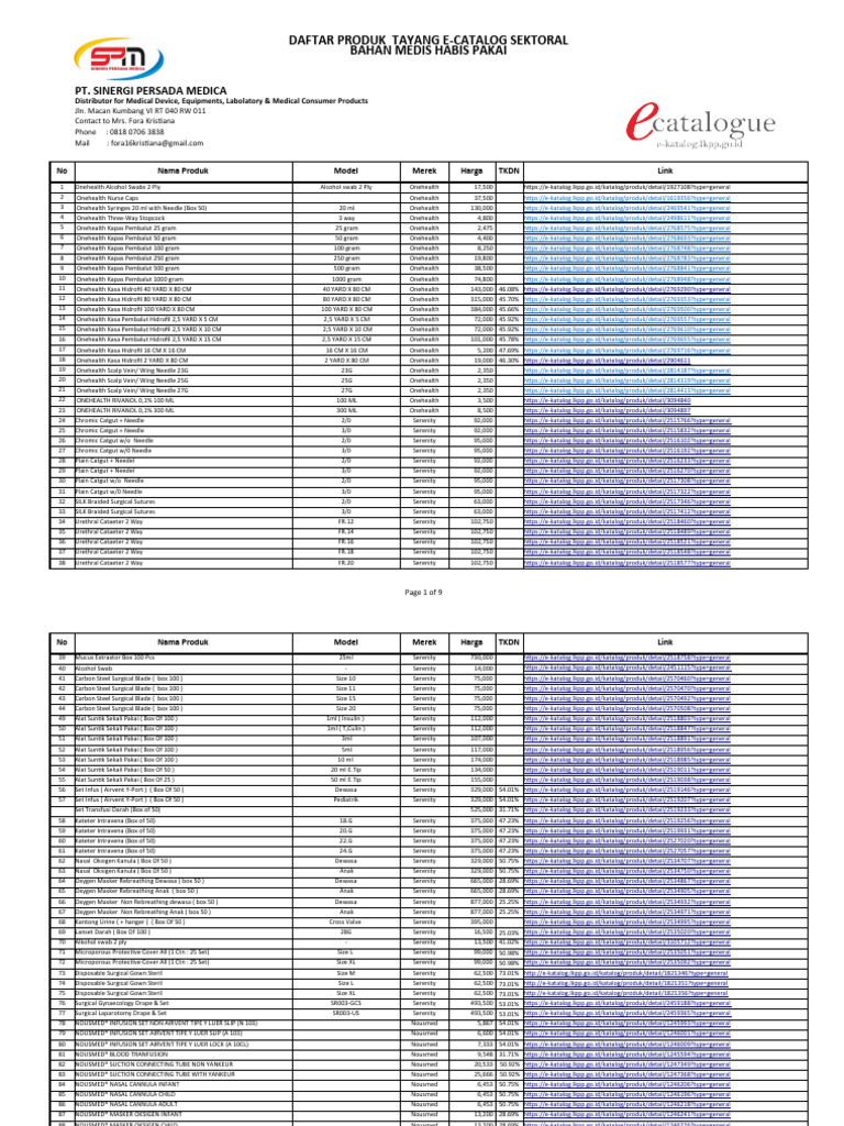 List Product BMHP 2023-2024 PT Sinergi Persada Medica | PDF
