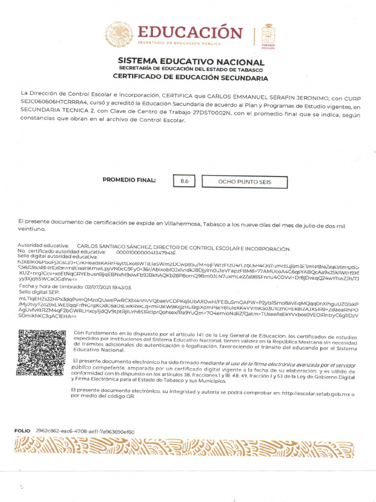 Certificado de Secundaria | PDF