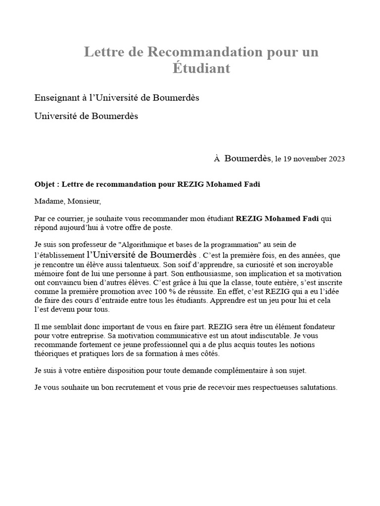 68 Lettre de Recommandation Etudiant | PDF | Évolution de carrière