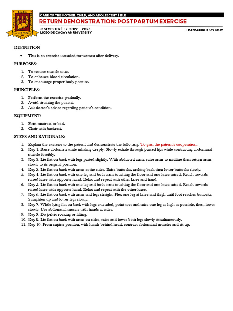 Return Demonstration Postpartum Exercise and Suppository Insertion | PDF