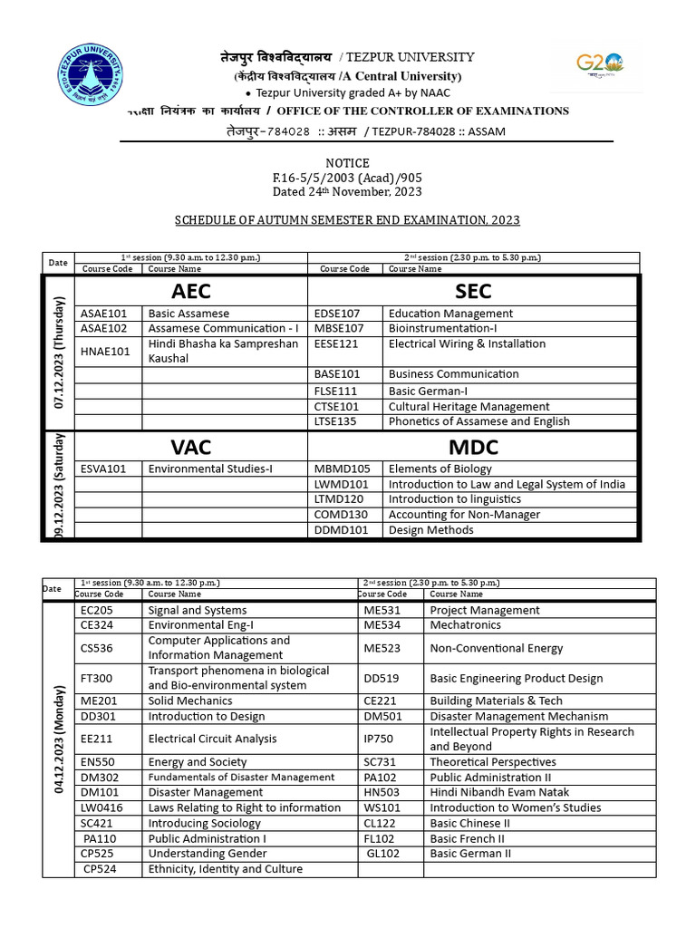 Autumn Semester End Exam Schedule 2023 | PDF | Engineering | Science