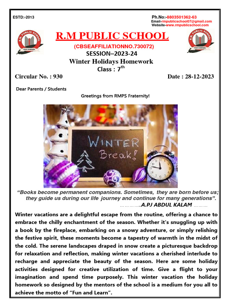 Class 7th Winter Holidays Homework | PDF