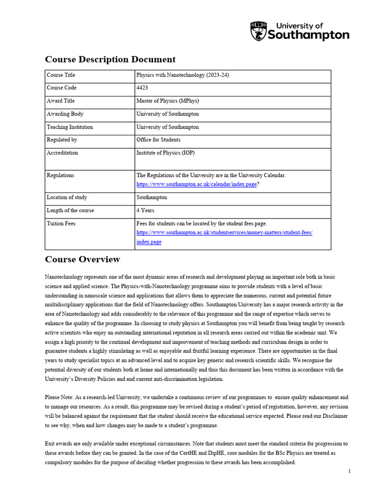 2324 4423 Mphys Physics With Nanotechnology | PDF