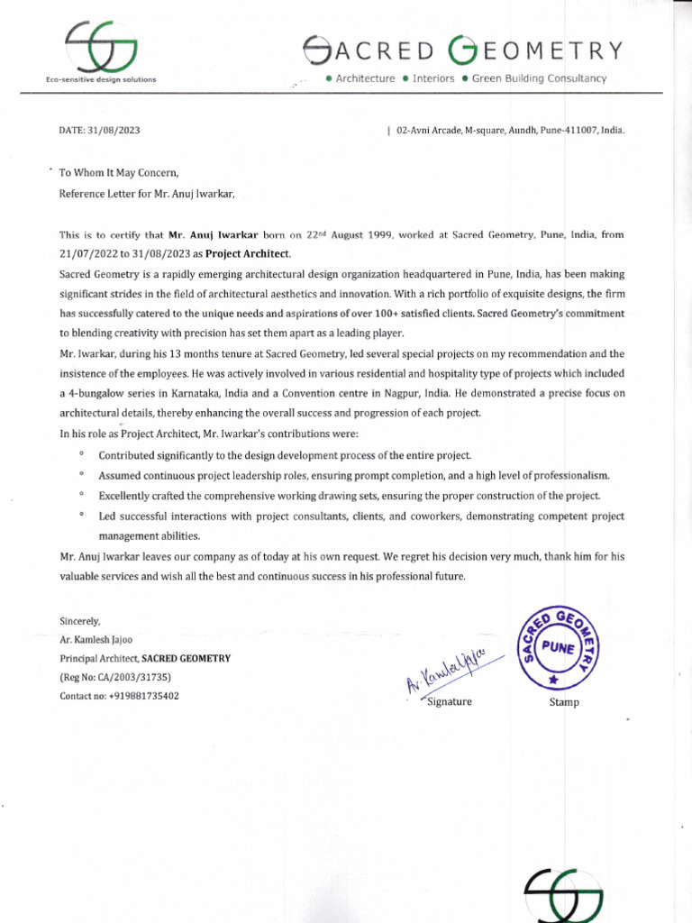 Recommendation Letter - MR - Anuj - Sacred Geometry | PDF | Art