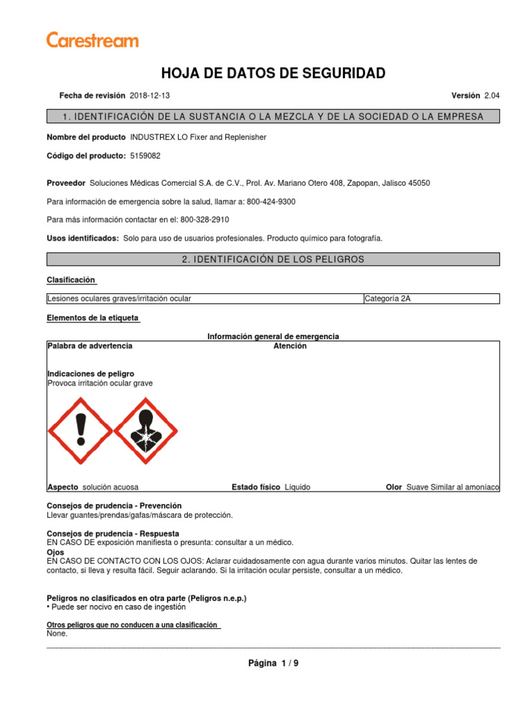 Hoja de Datos de Seguridad Fijador | PDF