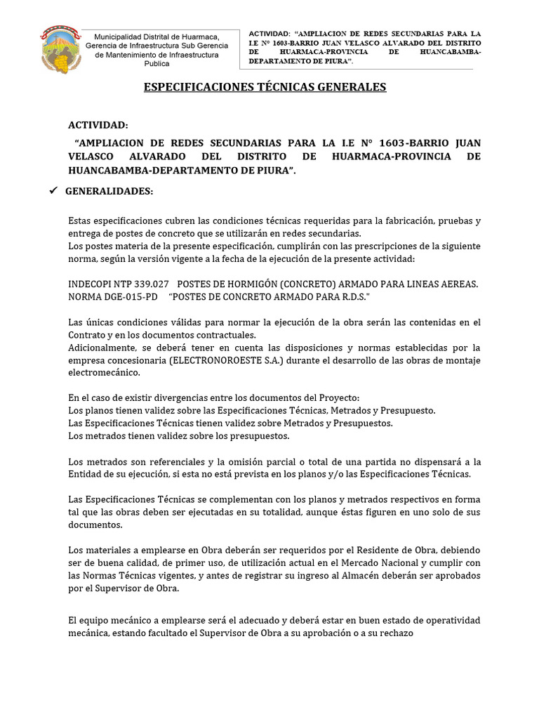 Especificaciones Tec. Juan Velasco | PDF | Conductor electrico | Cobre