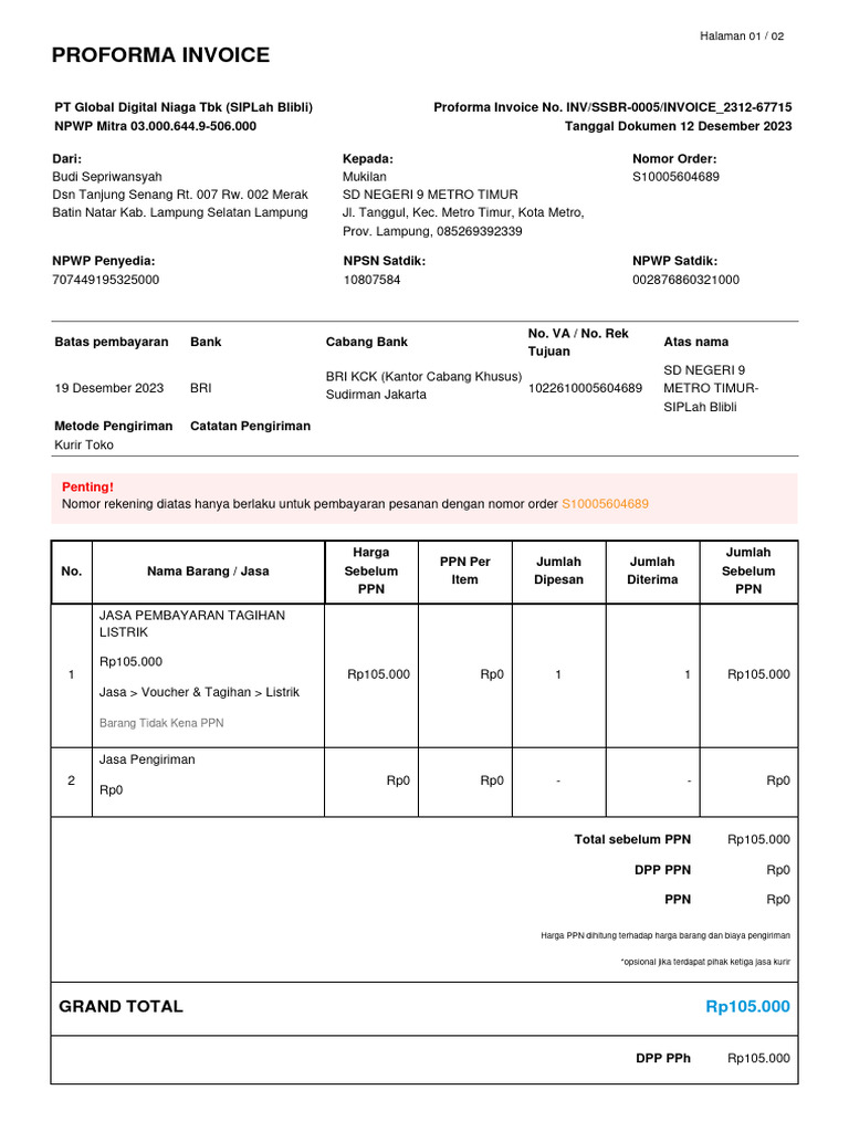 Proforma Invoice S10005604689 | PDF