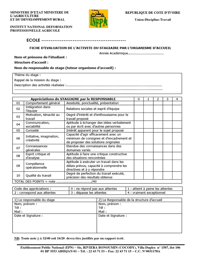 Fiche de Notation Stage | PDF