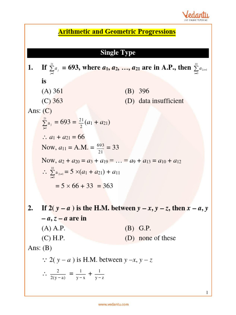 JEE Advanced Arithmetic and Geometric Progressions Important Questions ...