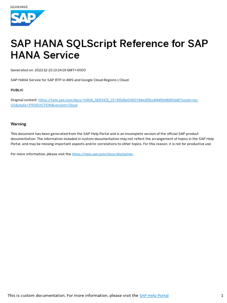 SAP HANA SQLScript Reference Guide | PDF | Business | Technology & Engineering