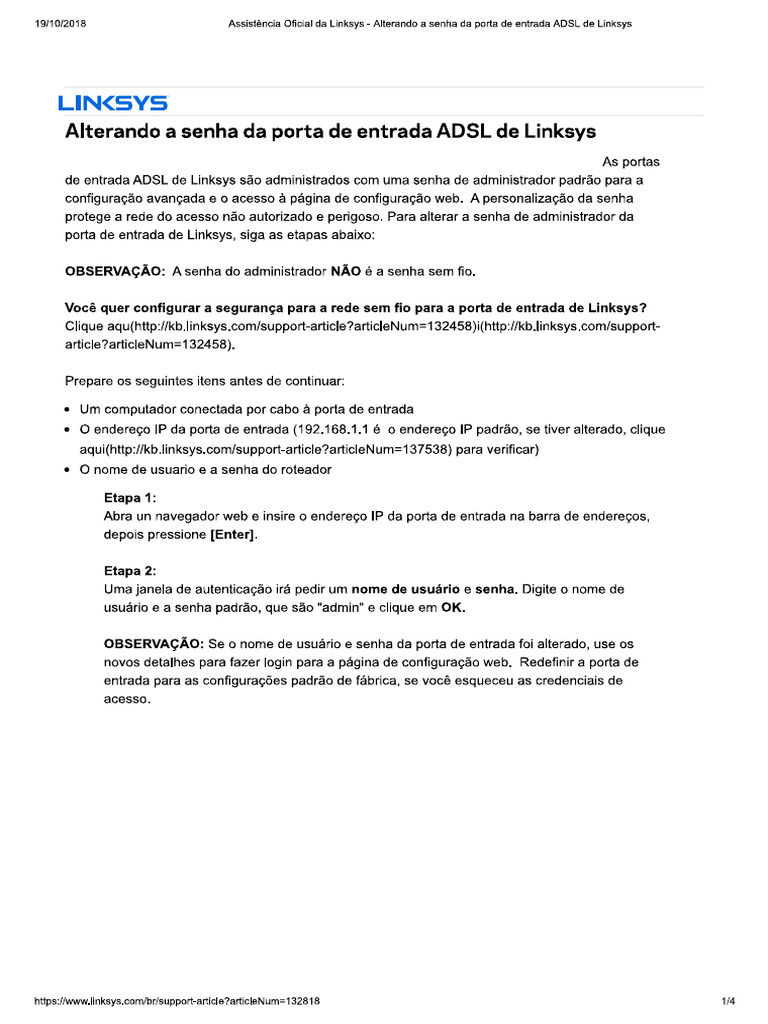3.1 Alterando A Senha Da Porta de Entrada ADSL de Linksys | PDF