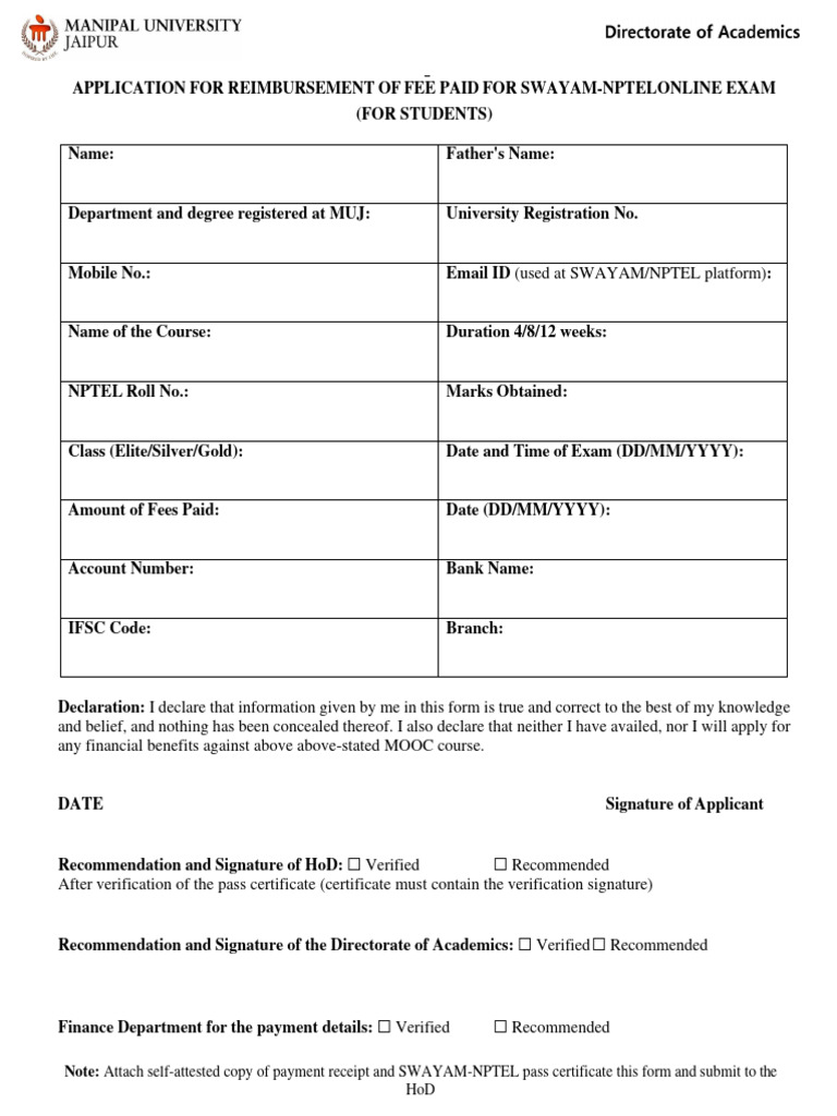 Form - Reimbursement of SWAYAM-NPTEL Exam Fees For Students | PDF