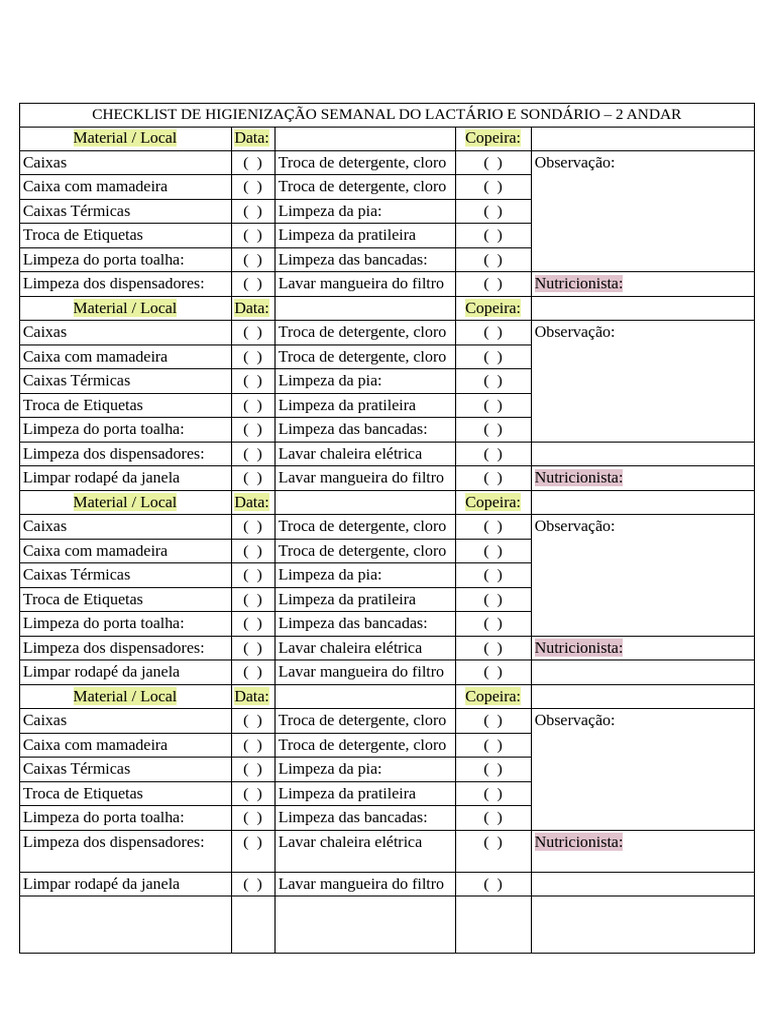 Checklist Sondário e Lactário | PDF