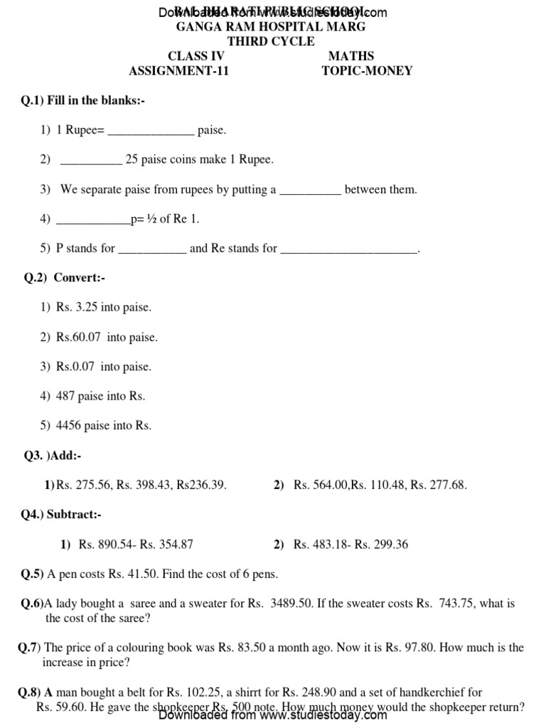 CBSE Class 4 Maths Revision Worksheet | PDF