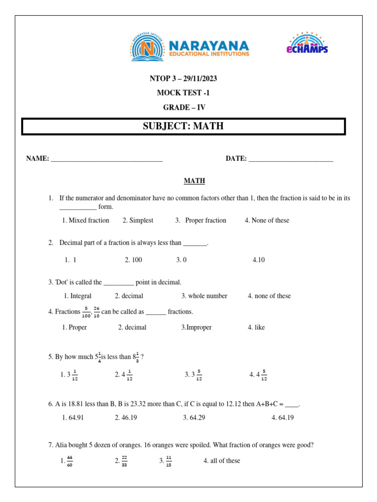 G4 Ntop-3 Math Test Paper | PDF | Arithmetic | Encodings