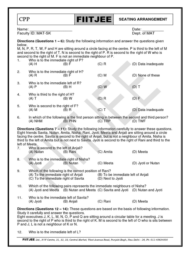 Seating Arrangement Questions & Answers | PDF