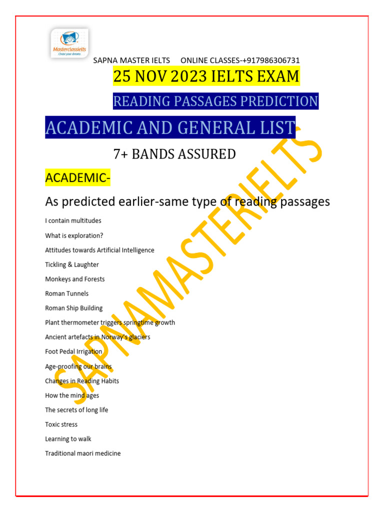 25 NOV 2023 IELTS READING PASSAGES PREDICTION | PDF