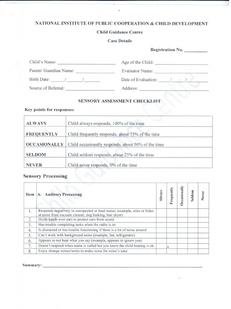 Sensory Assessment Checklist | PDF