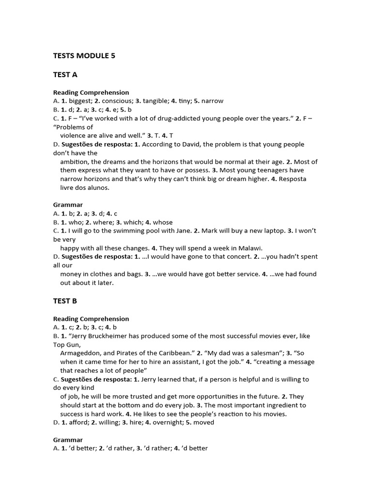 Evaluation Tests Answer Key Module 5 | PDF | Language Arts & Discipline ...