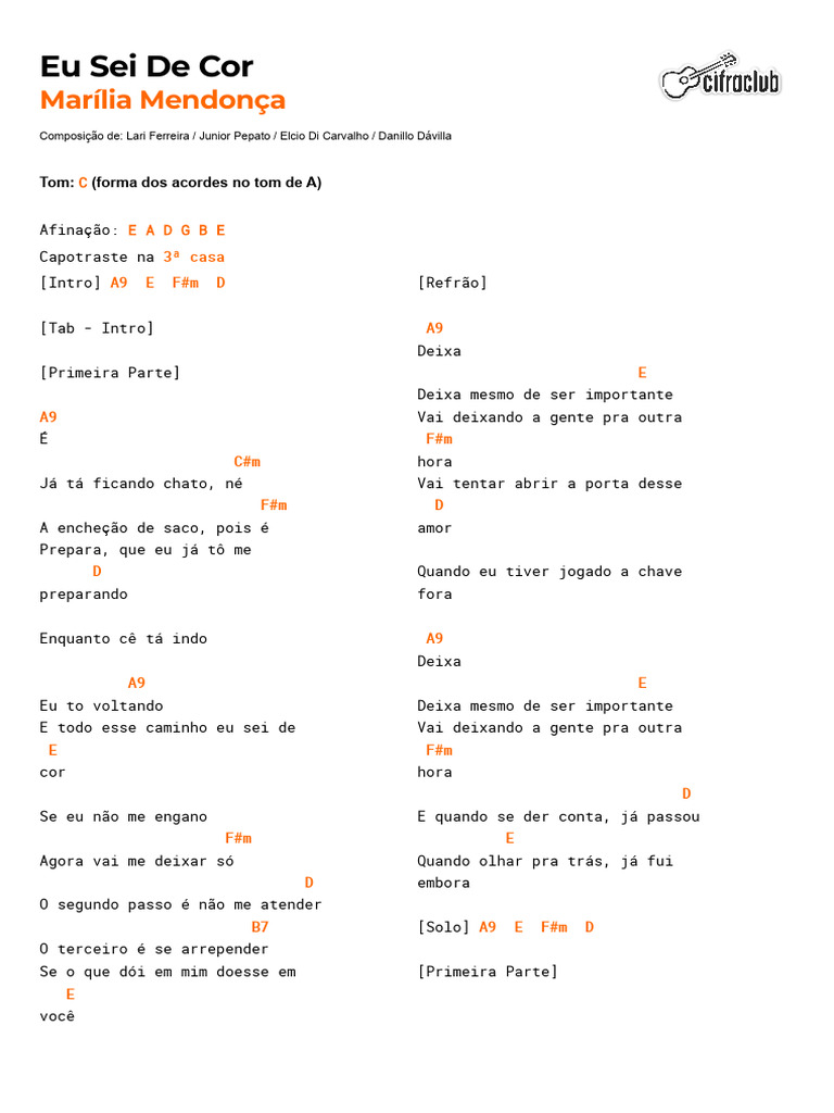 Cifra Club - Marília Mendonça - Eu Sei de Cor | PDF