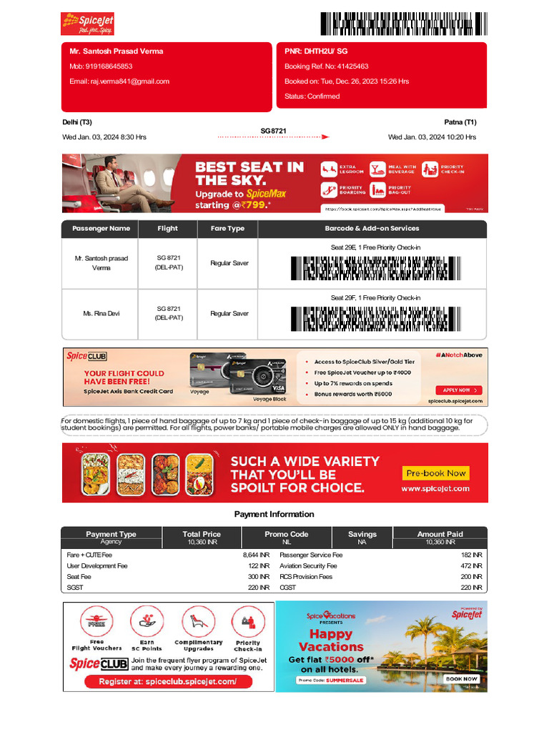 SpiceJet - E-Ticket - PNR - DHTH2U 03 Jan 2024 Delhi-Patna For MR ...