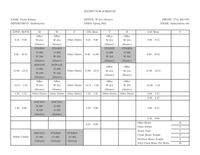 Instructor Schedule Taylor Kilman 2024 Spring | PDF