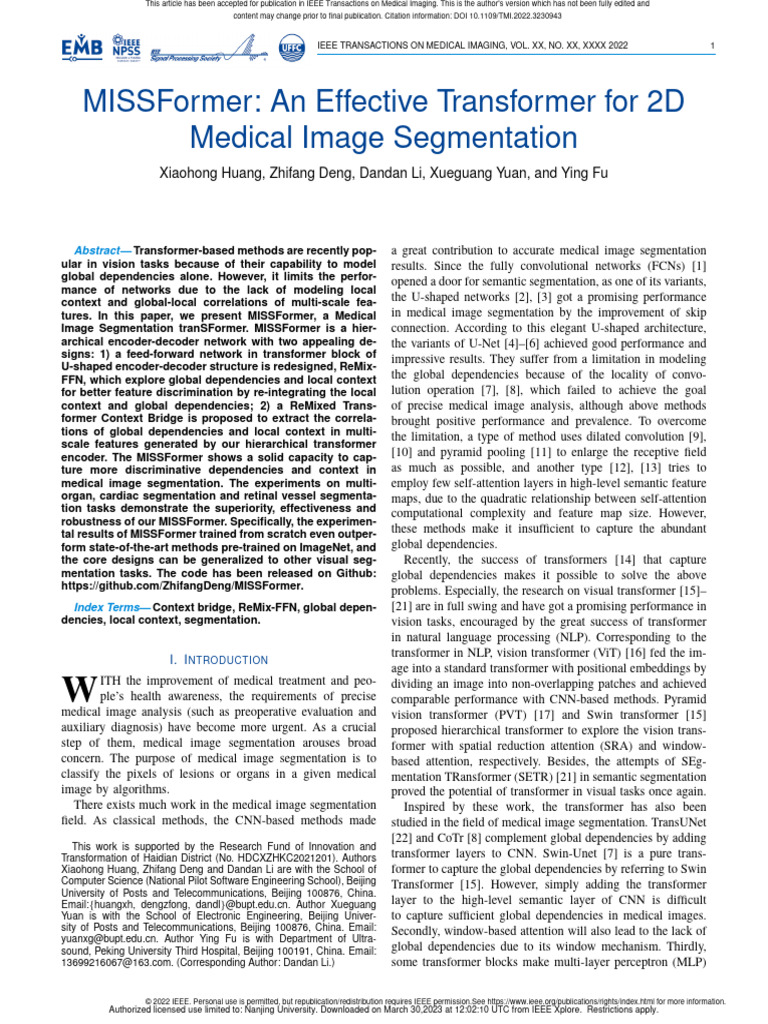 MISSFormer An Effective Transformer For 2D Medical Image Segmentation | PDF