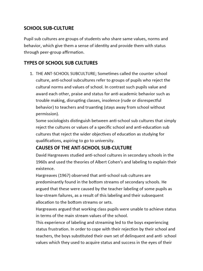 11-School Sub Cultures | PDF | Social Science | Wellness