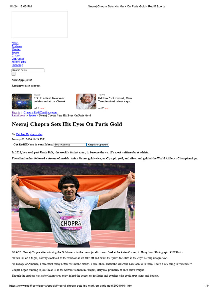 Neeraj Chopra Sets His Mark On Paris Golds | PDF