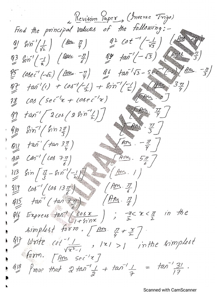 Inverse Trigonometry (Revision Paper and Assignment) (GKC) | PDF