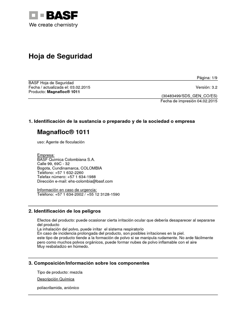 Msds. Magnafloc 1011 Basf | PDF