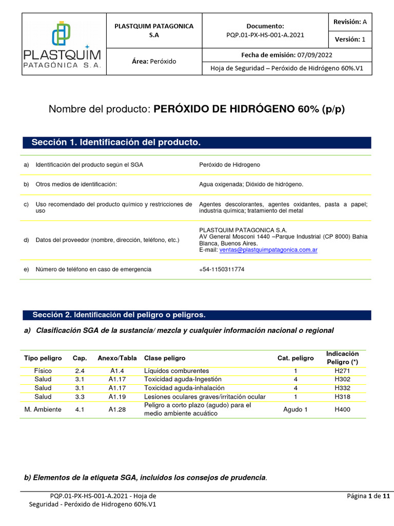 MSDS - Peróxido de Hidrogeno 60%.V1 | PDF