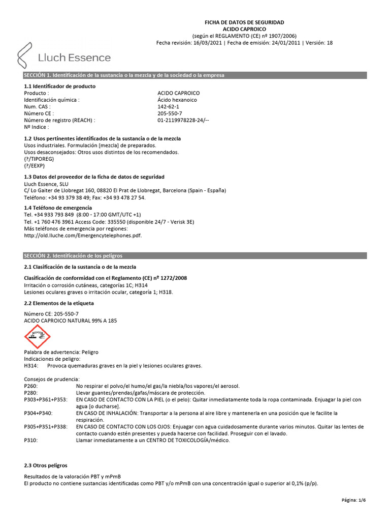 MSDS - Acido Caproico | PDF