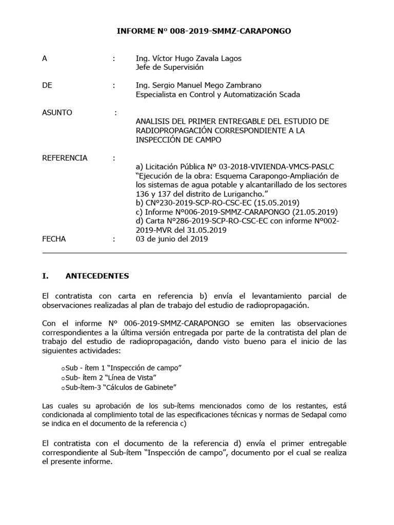 INFORME 8 - Primer Entregable Del Estudio de Radio Radiopropagación - Inspección de Campo | PDF