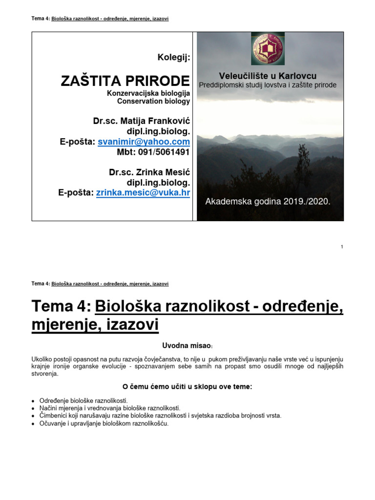 05 - Predavanja ZP 2019 - 2020 - t4 - Bioloska Raznolikost - Web-1 | PDF