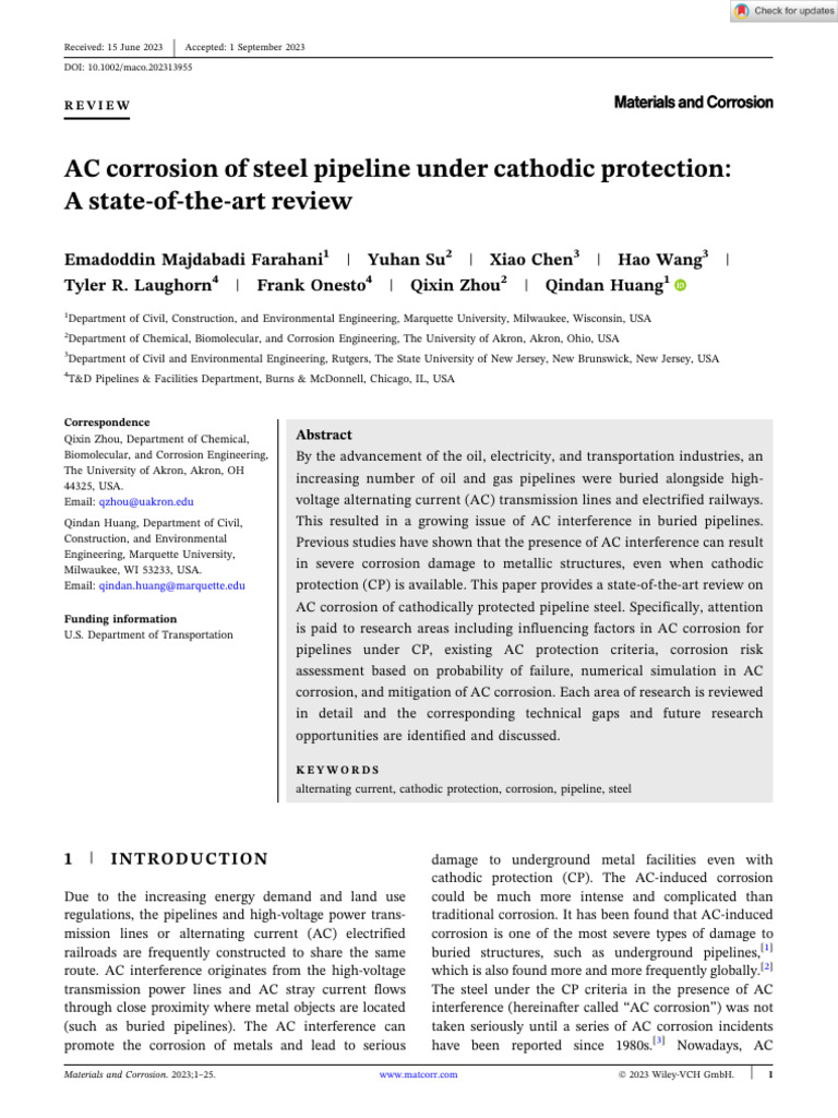 Materials Corrosion - 2023 - Farahani - AC corrosion of steel pipeline under cathodic protection ...