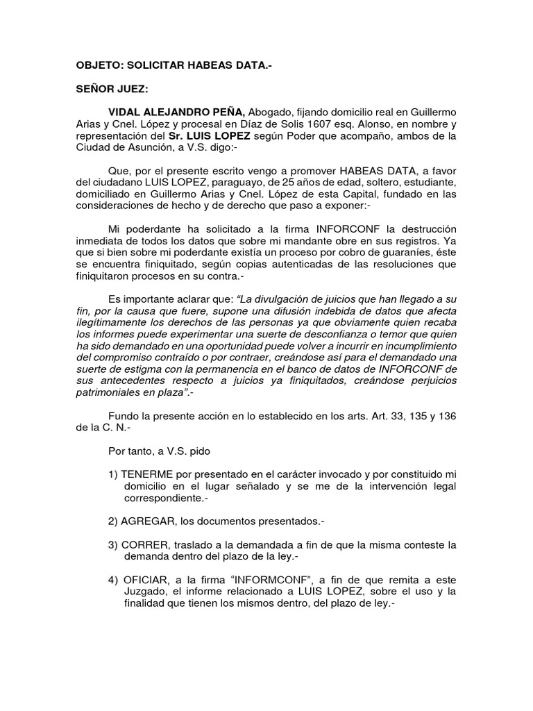 Escrito Habeas Data. | PDF