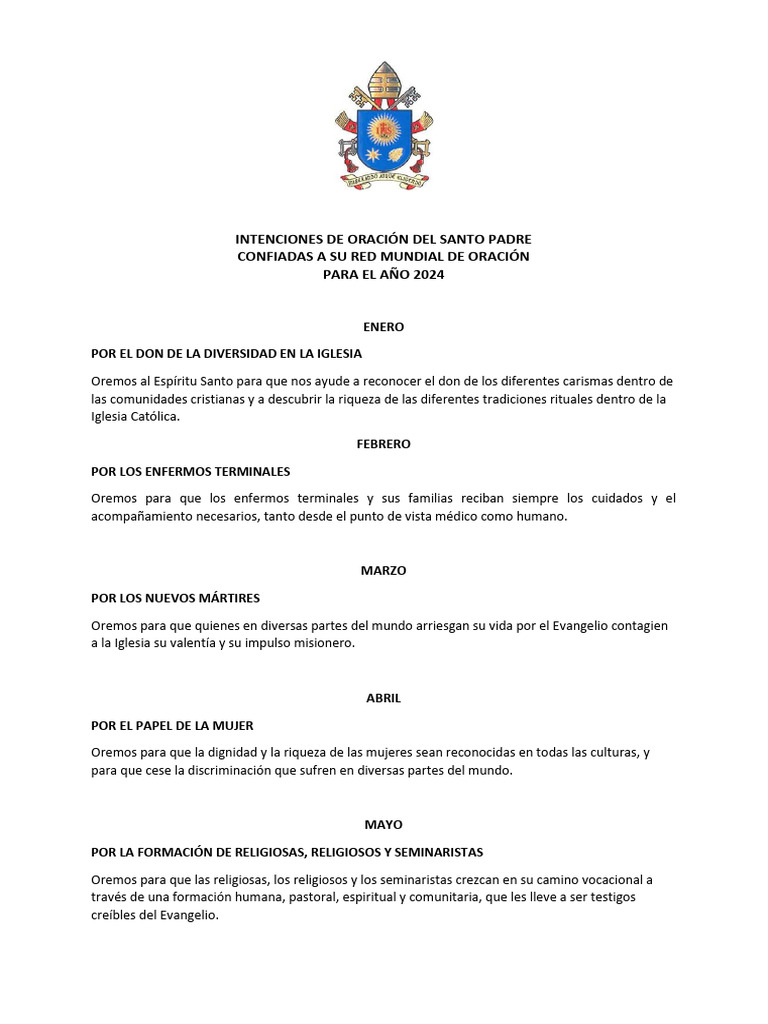 Esp Intenciones de Oracion Del Santo Padre 2024 Def | PDF