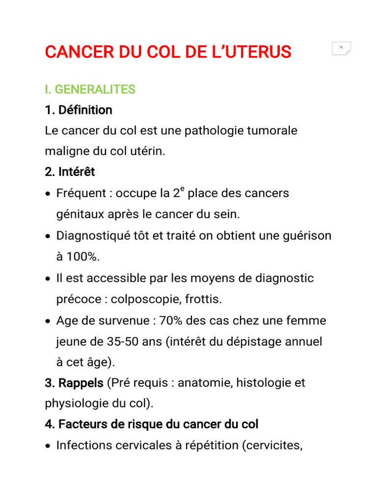 Cancer du col de l'utérus : enjeux et stades | PDF | Développement ...