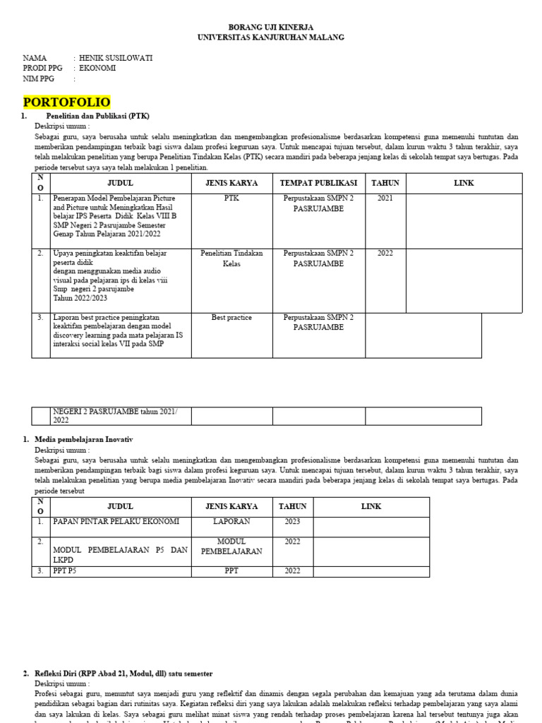 Borang Portofolio Ukin - Henik Sisilowati | PDF