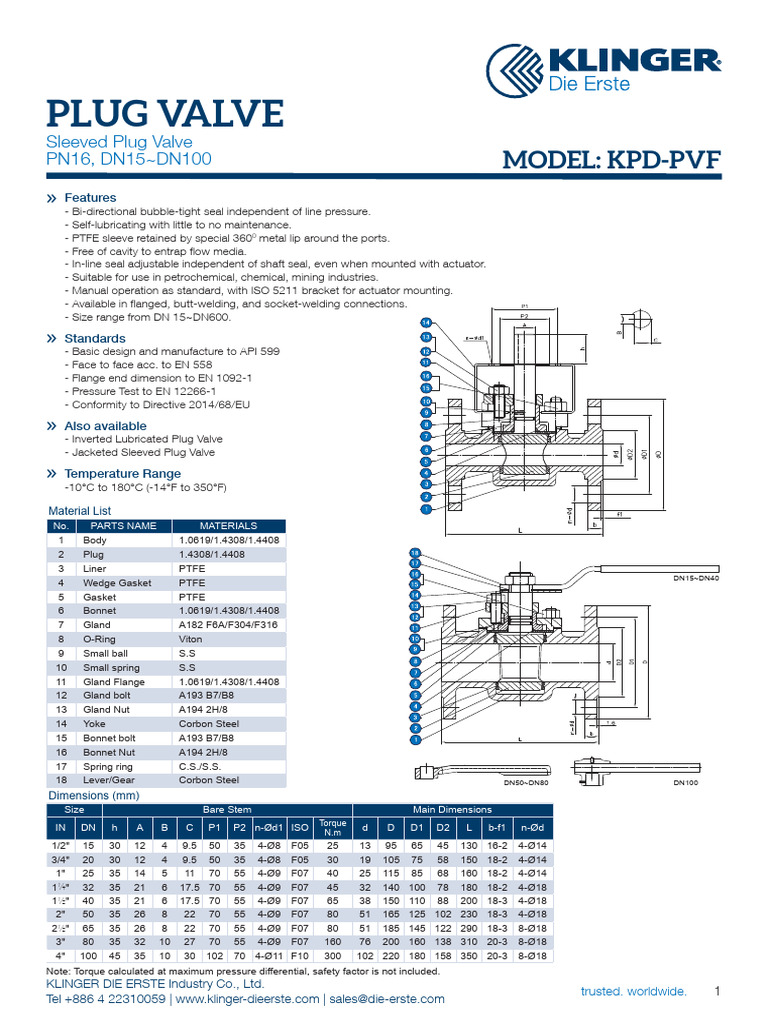 Plug Valve - KPD PVF - Data Sheet | PDF